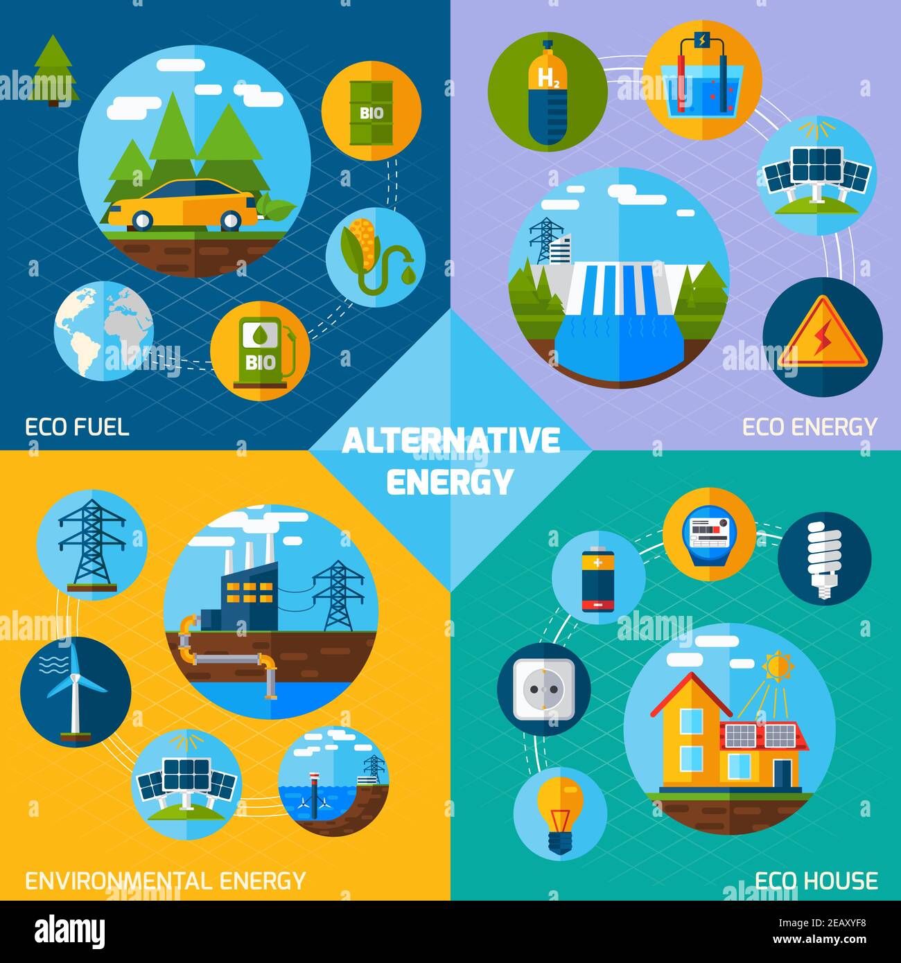 Alternative energy design concept set with eco fuel and house flat ...