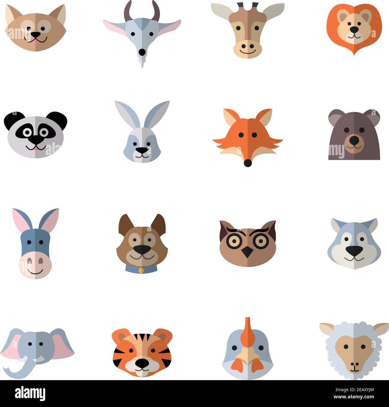 Animals characters flat set with donkey fox rabbit heads isolated ...