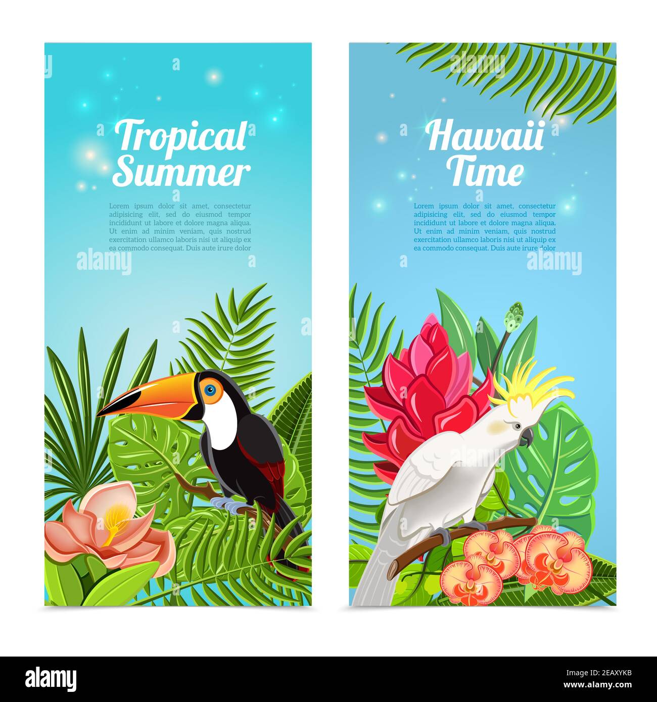 Tropical hawaii islands summer vacation 2 vertical banners set with ...