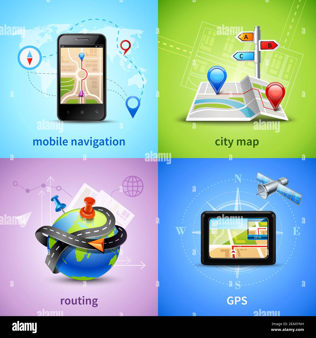 Navigation design concept set with gps routing city map icons isolated ...