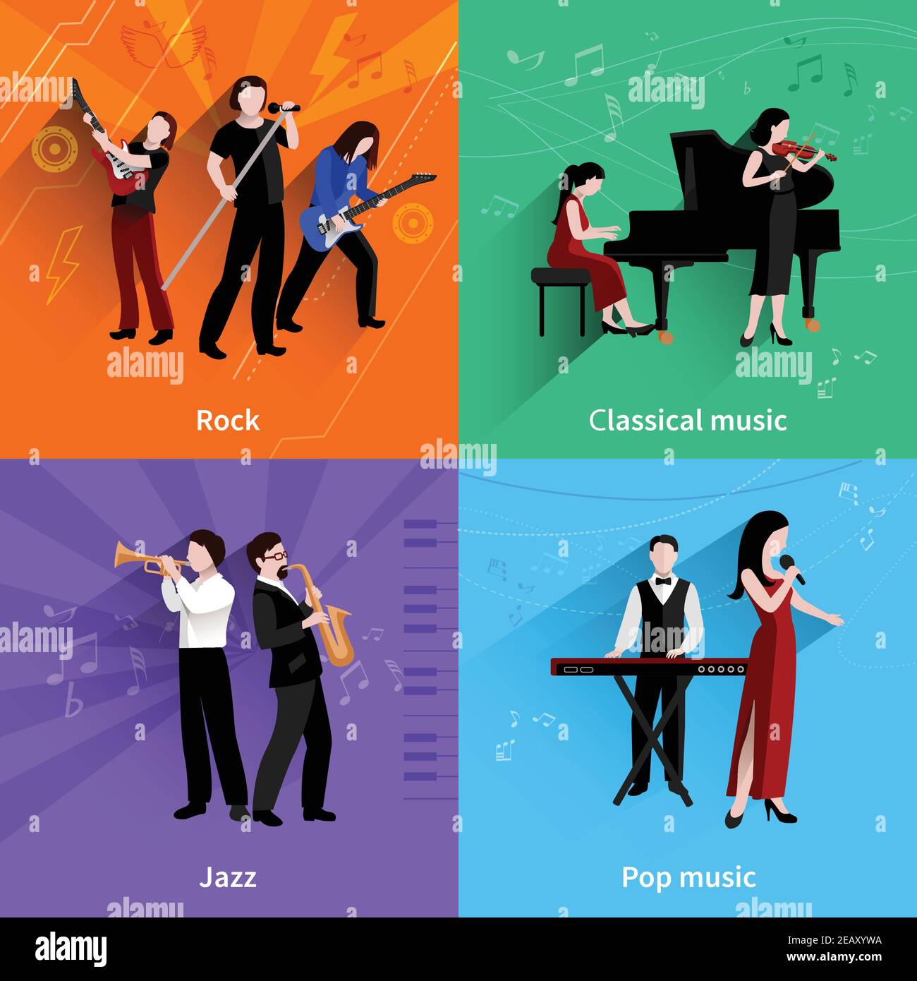 Musicians design concept set with pop rock jazz classical music players ...