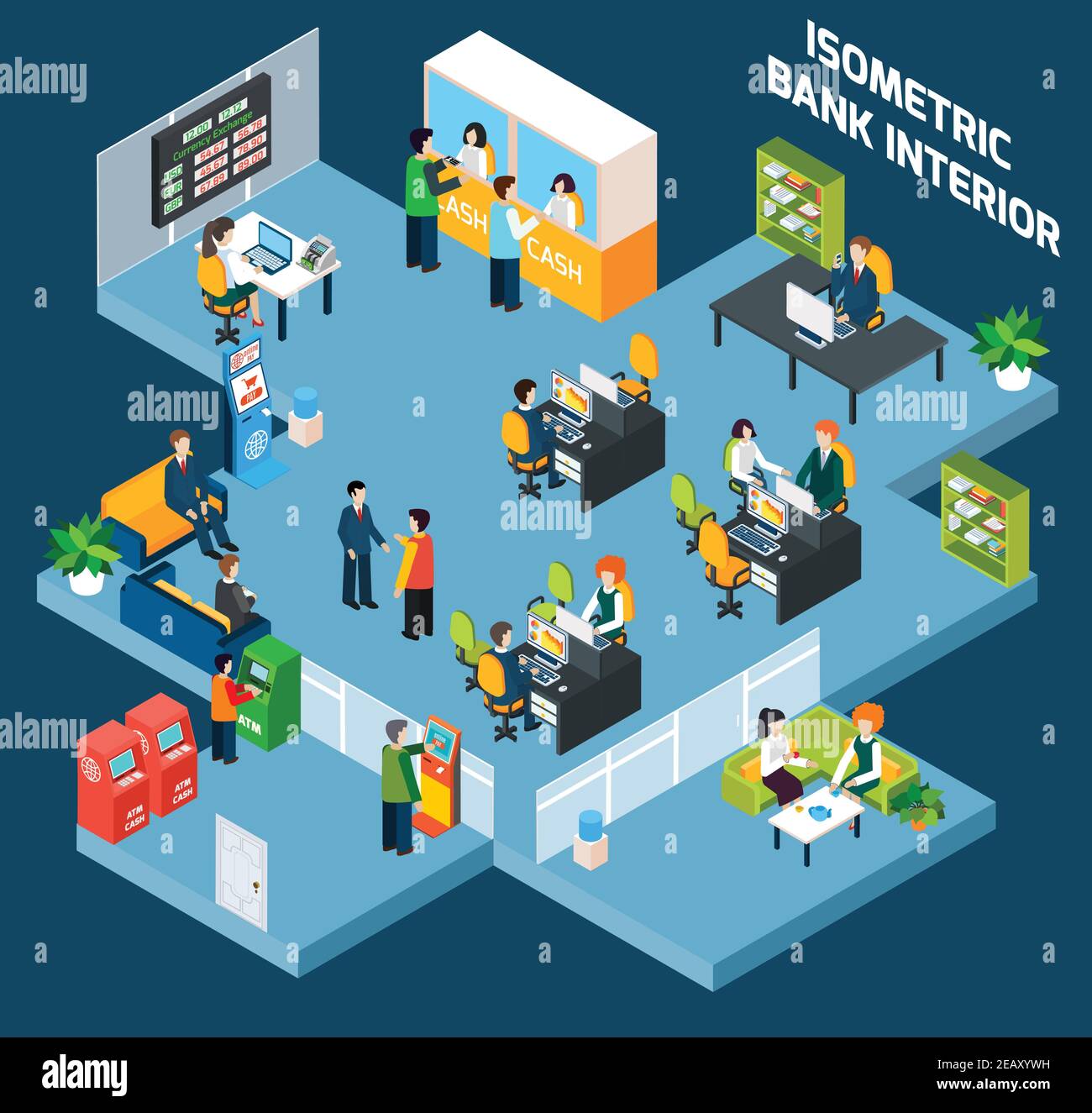 Bank interior isometric with 3d office and business people vector ...