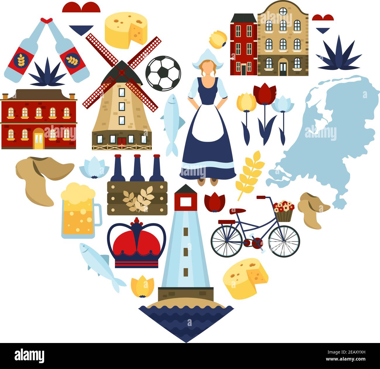 Netherlands travel symbols and dutch landmarks in heart shape flat ...