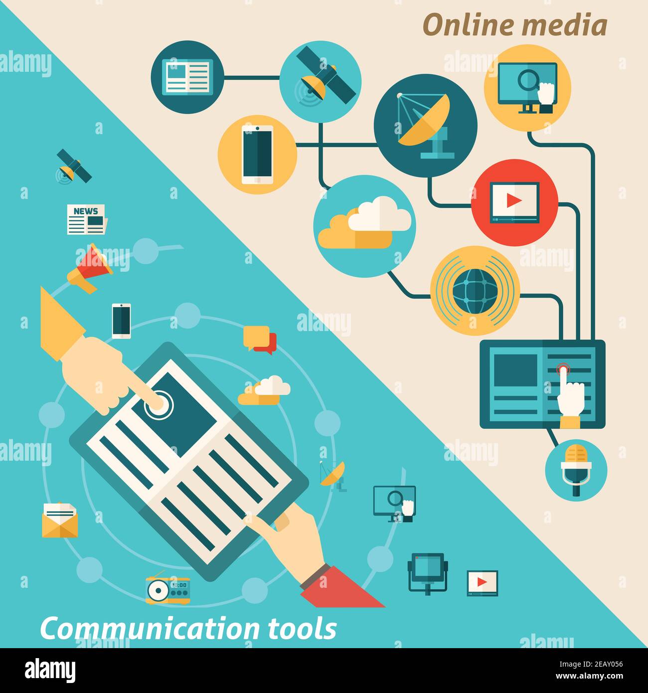 Media corner set with online communication tools elements isolated ...