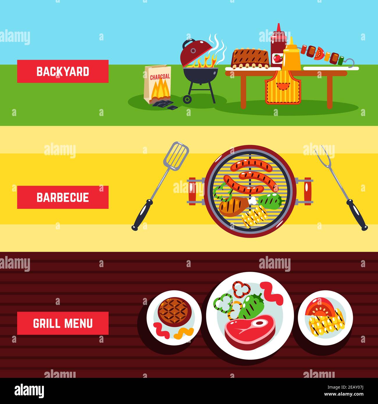 Barbecue horizontal banner set with backyard and grill menu elements ...