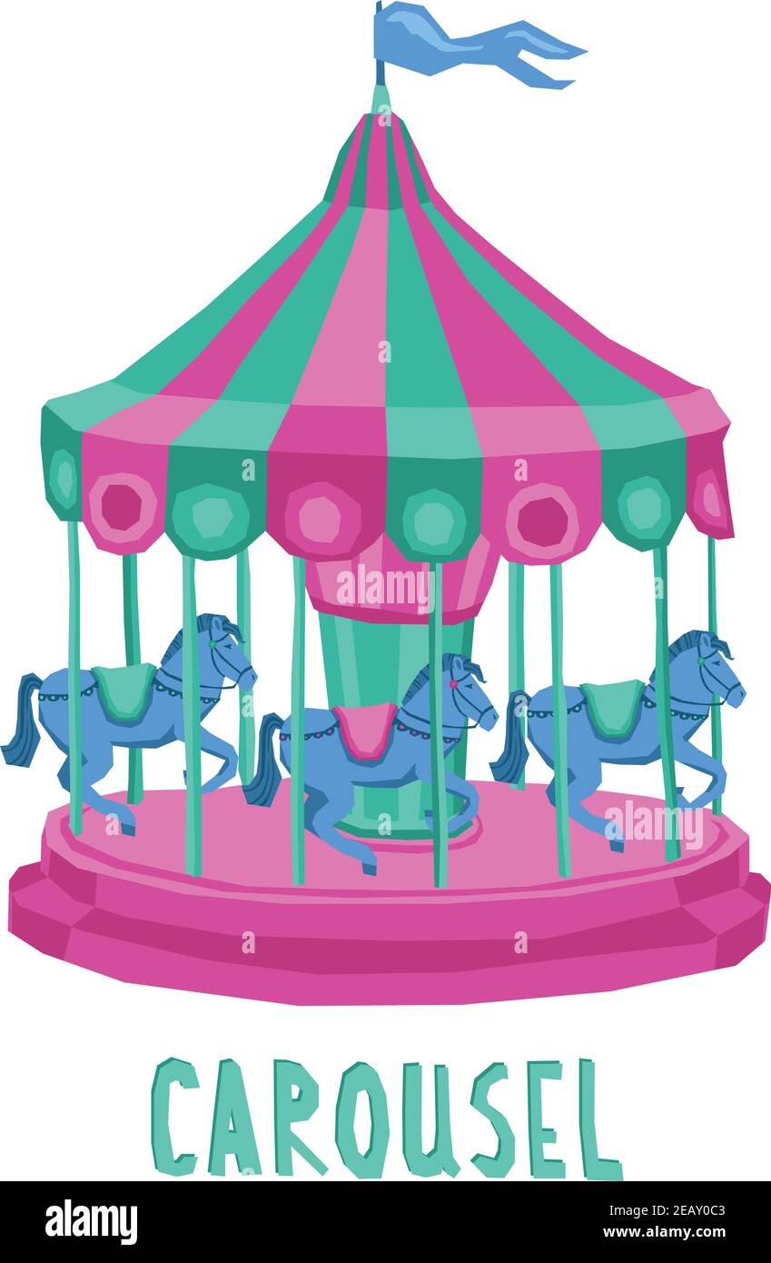 Retro style entertainment park carousel with spinning horses isolated ...