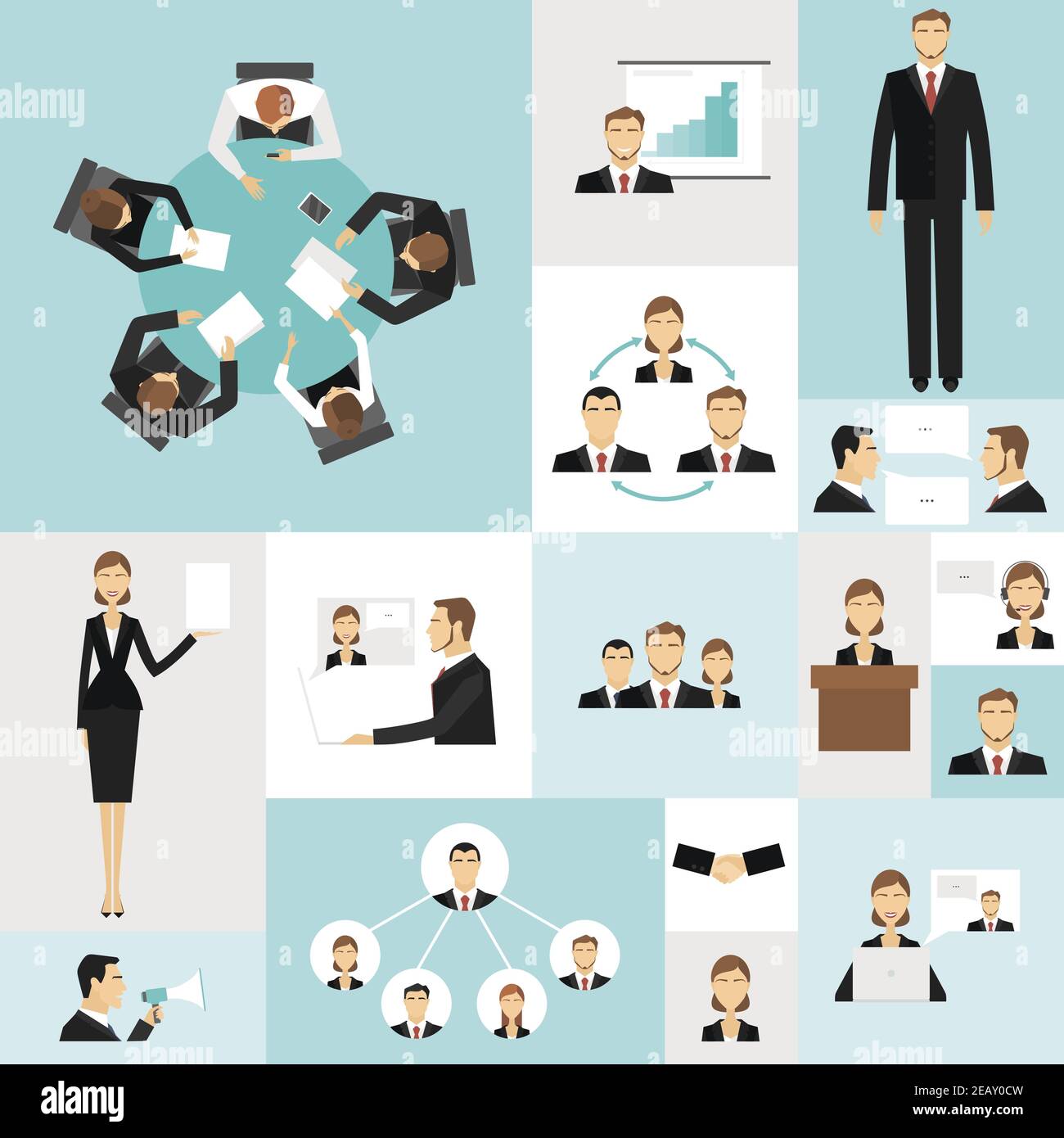 Colorful business meeting icons set of time money launch success ...