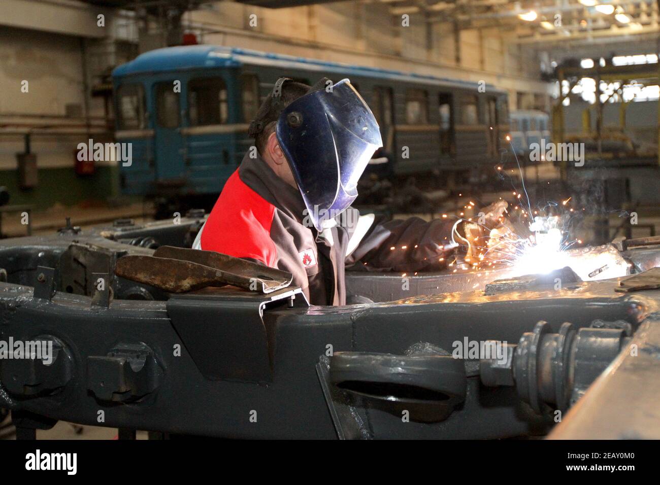 Non Exclusive: DNIPRO, UKRAINE - FEBRUARY 10, 2021 - A worker welds ...