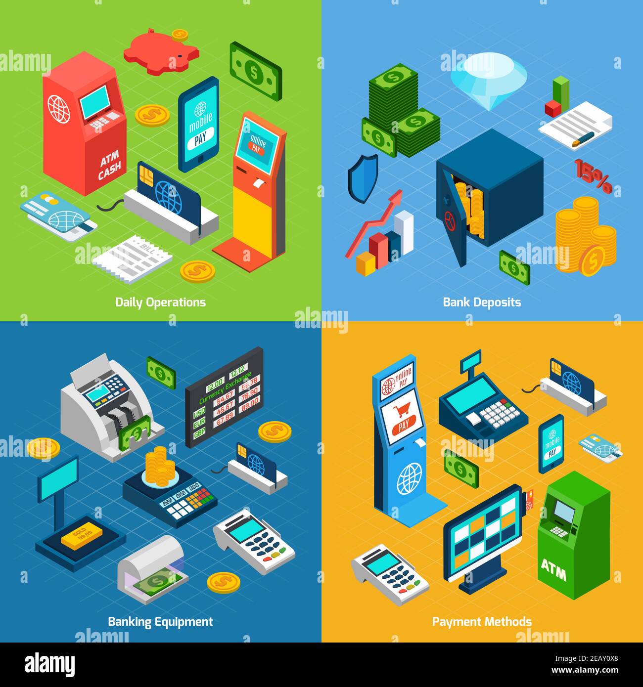 Banking design concept set with daily operations deposits equipment ...