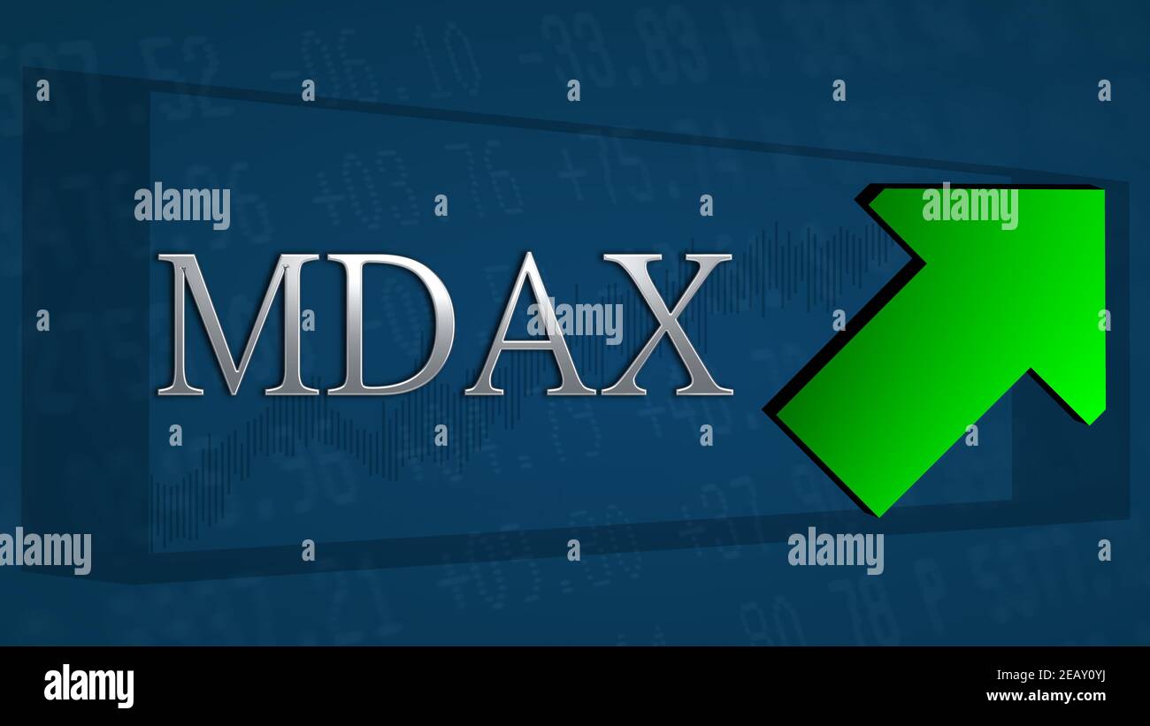 The German stock market index MDAX is trading higher. A green tilted ...