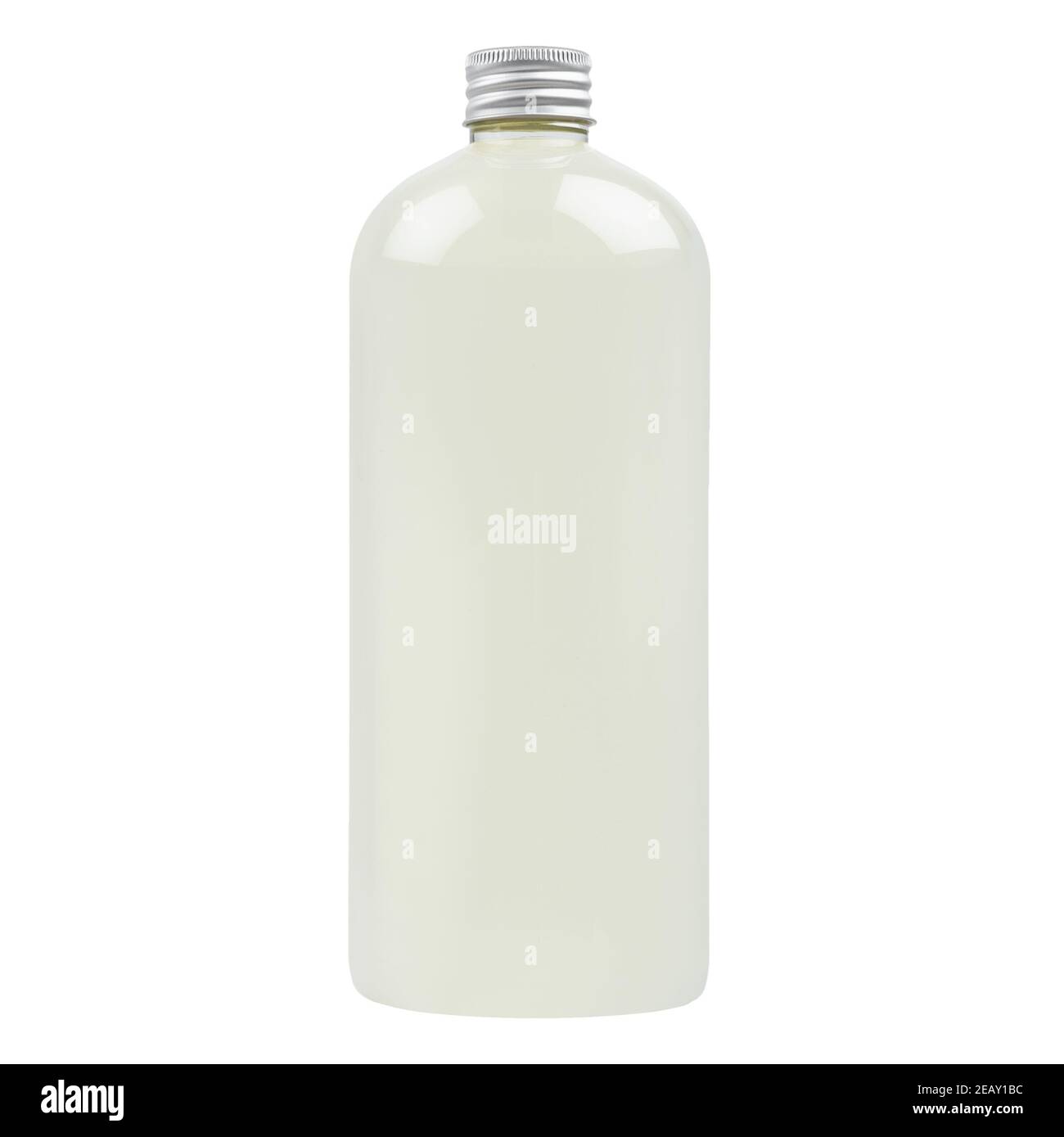 Transparent plastic tall bottle with pale fresh drink or cosmetic ...