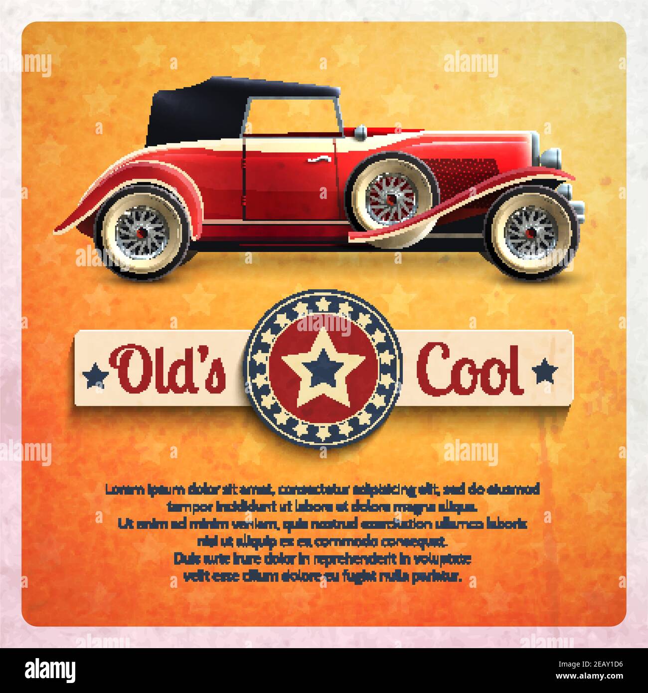 Retro car poster with vintage red cabriolet auto vector illustration ...