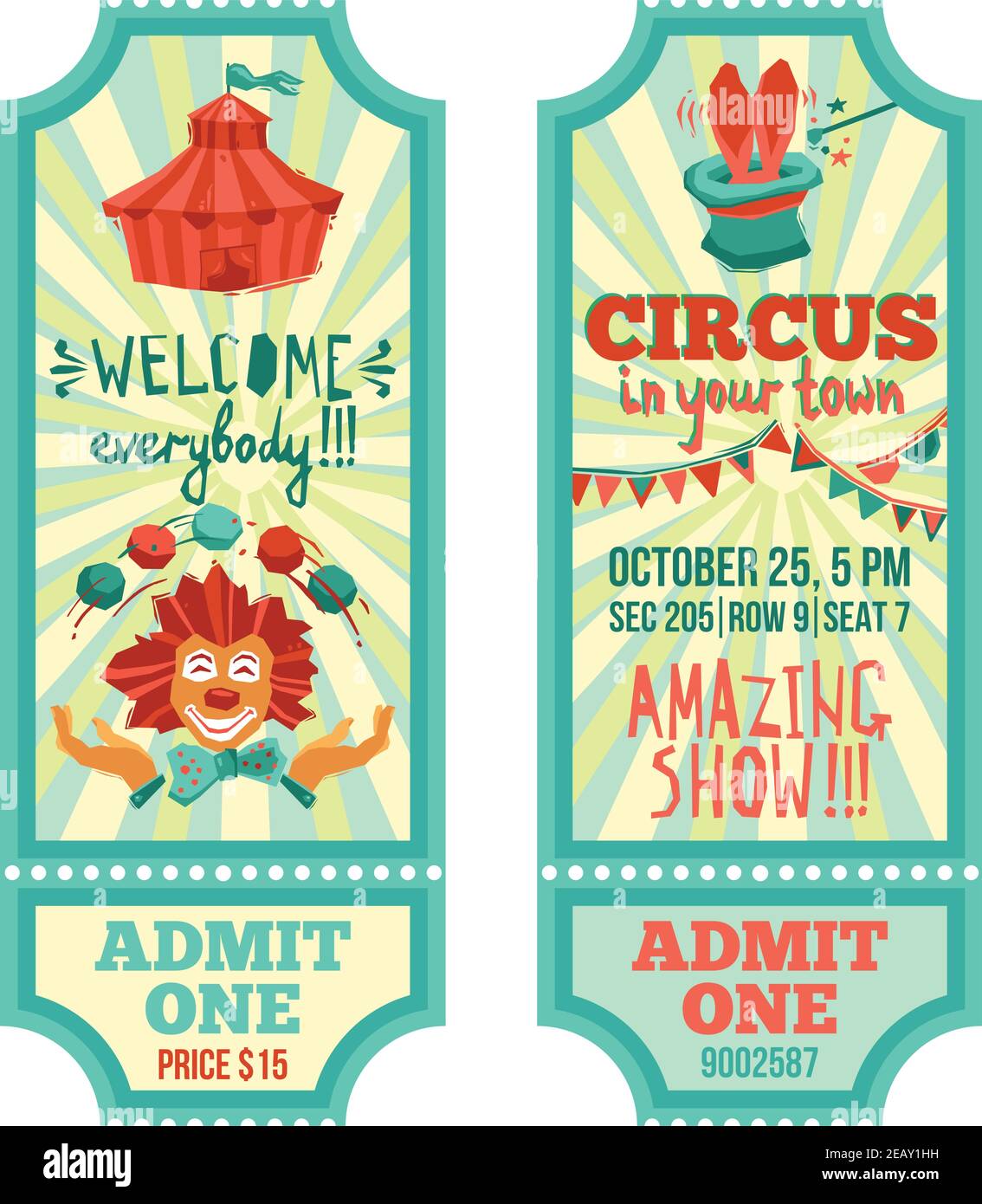 Circus show advertising paper tickets set with clown and tent isolated ...