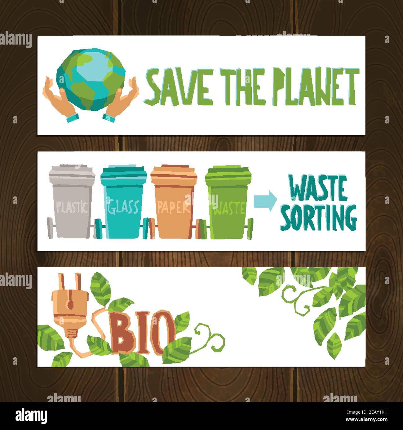 Eco horizontal banners set with waste sorting elements isolated vector ...