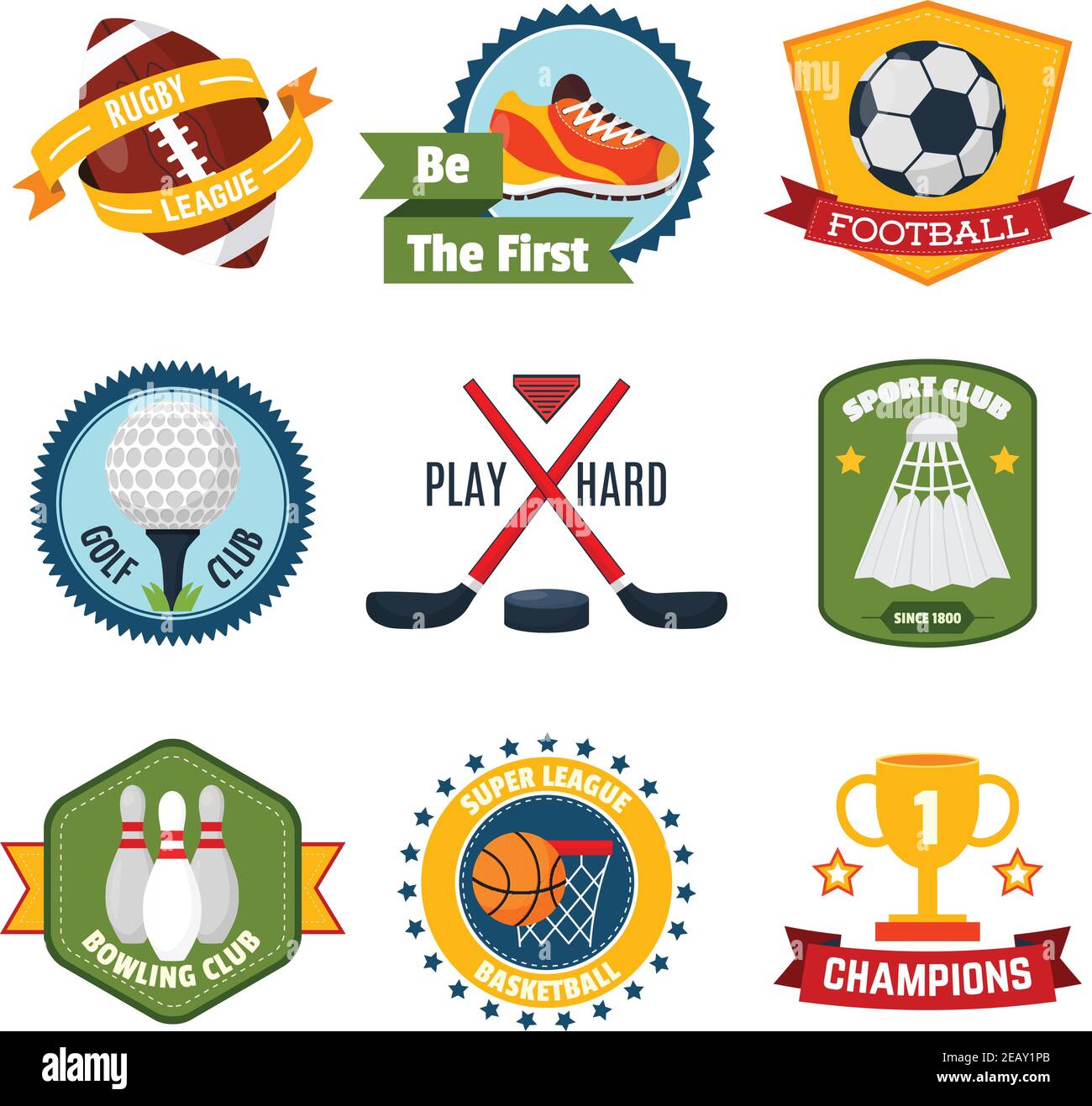 Sports logo set with rugby golf bowling equipment isolated vector ...
