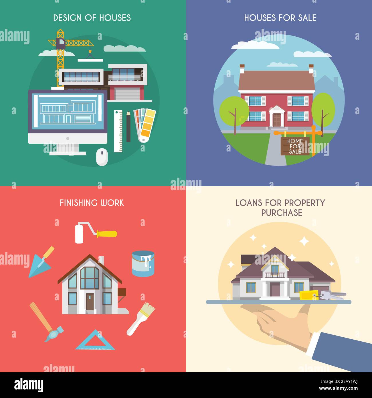 House design concept set with property purchase and building flat icons ...
