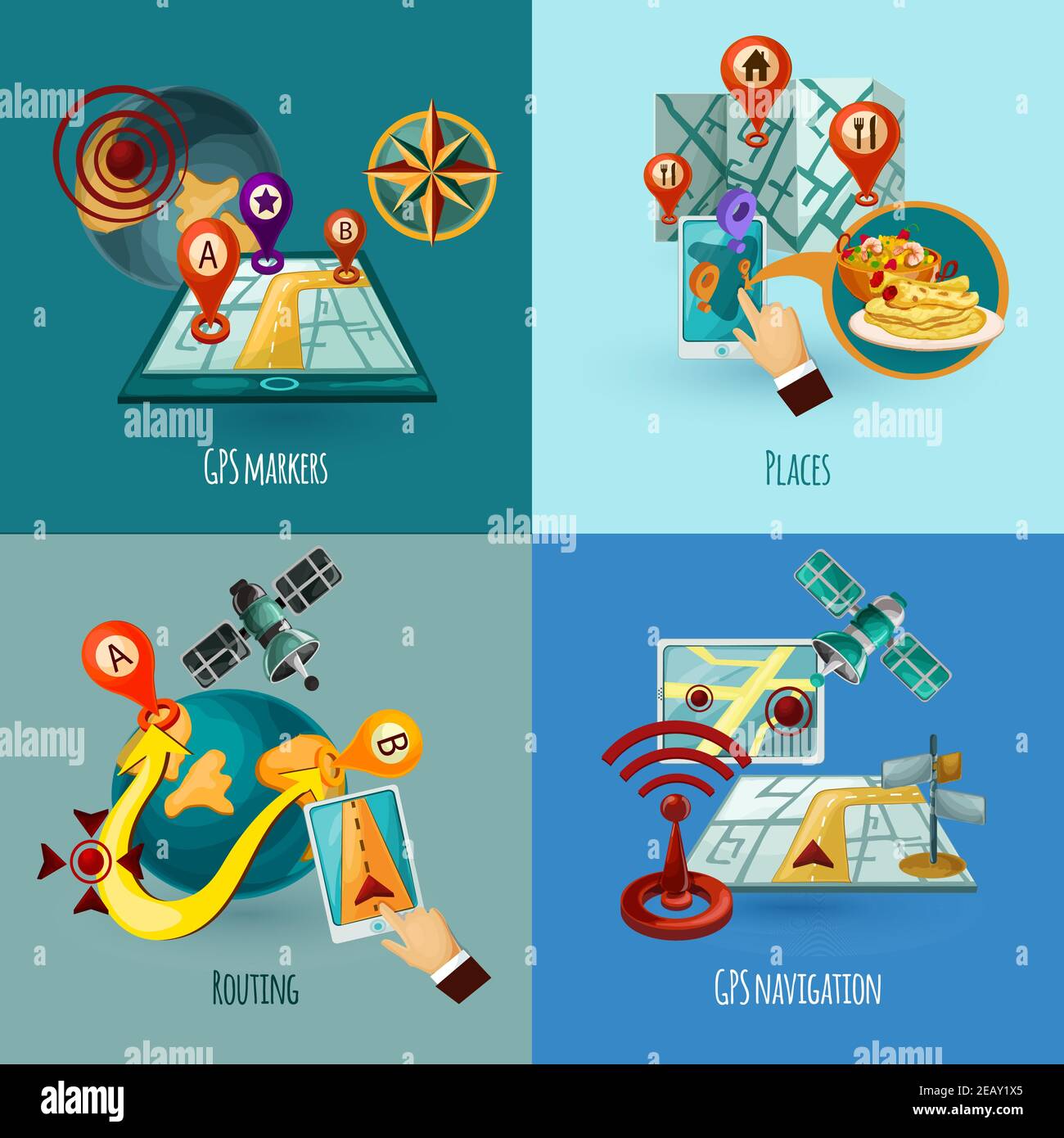 Navigation design concept set with gps markers places routing cartoon ...