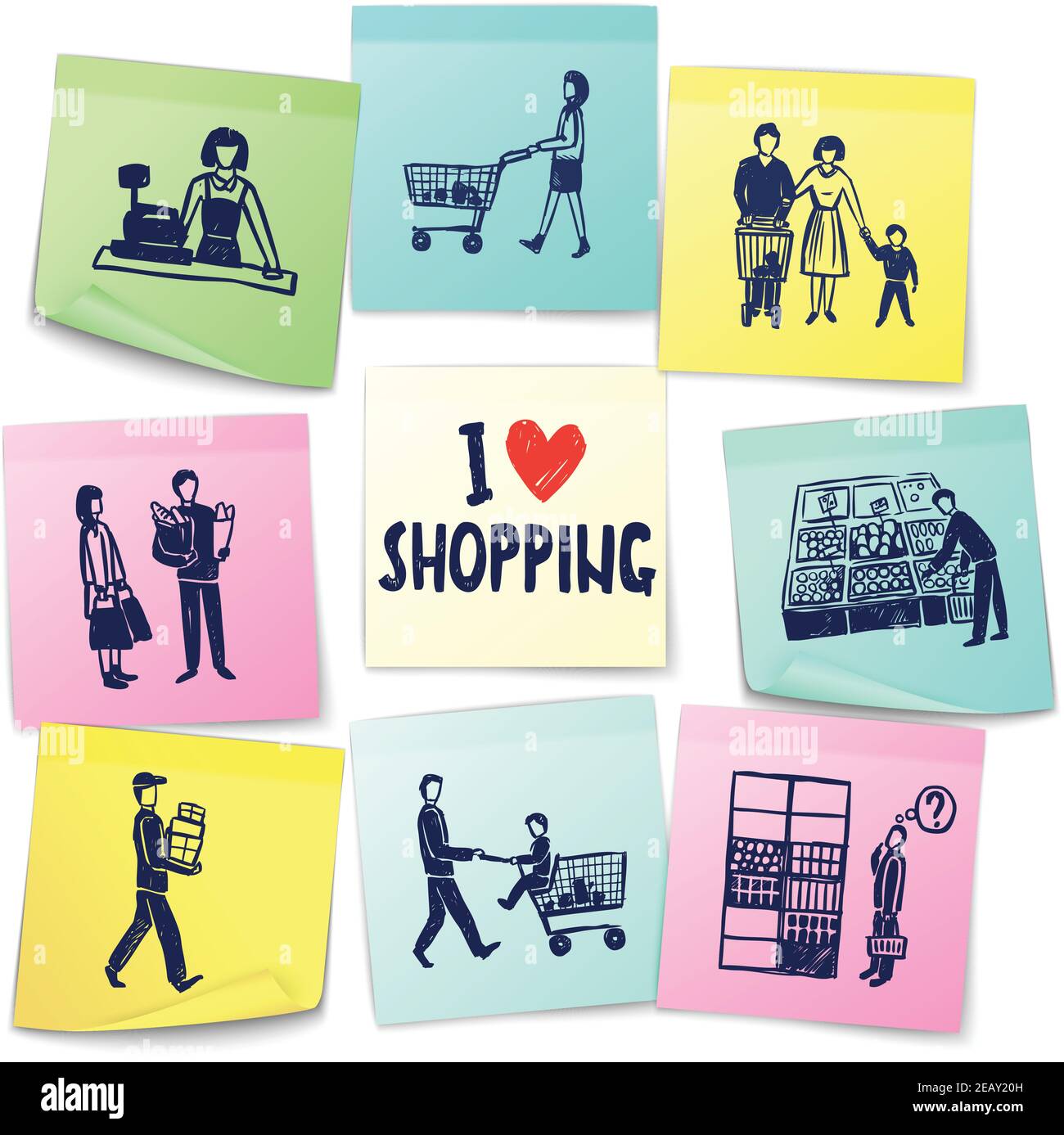 Sticker note style supermarket cards with cashier shopping cart counter ...