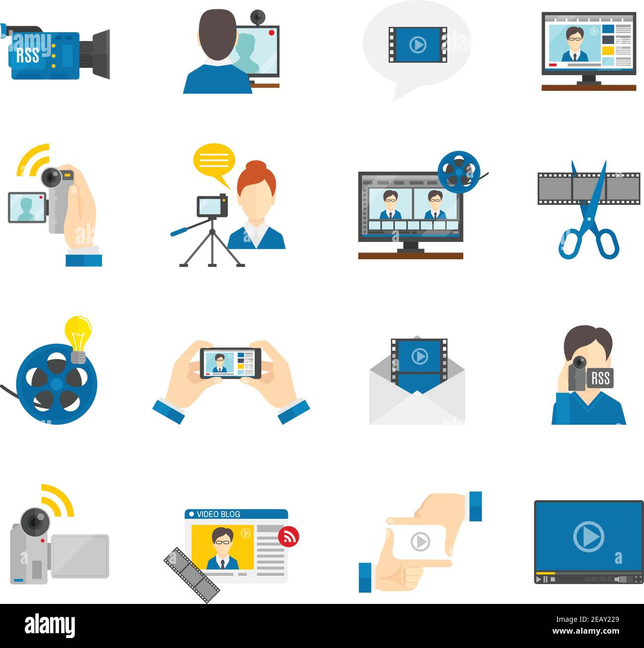 Social media and video blog flat icons set isolated vector illustration ...