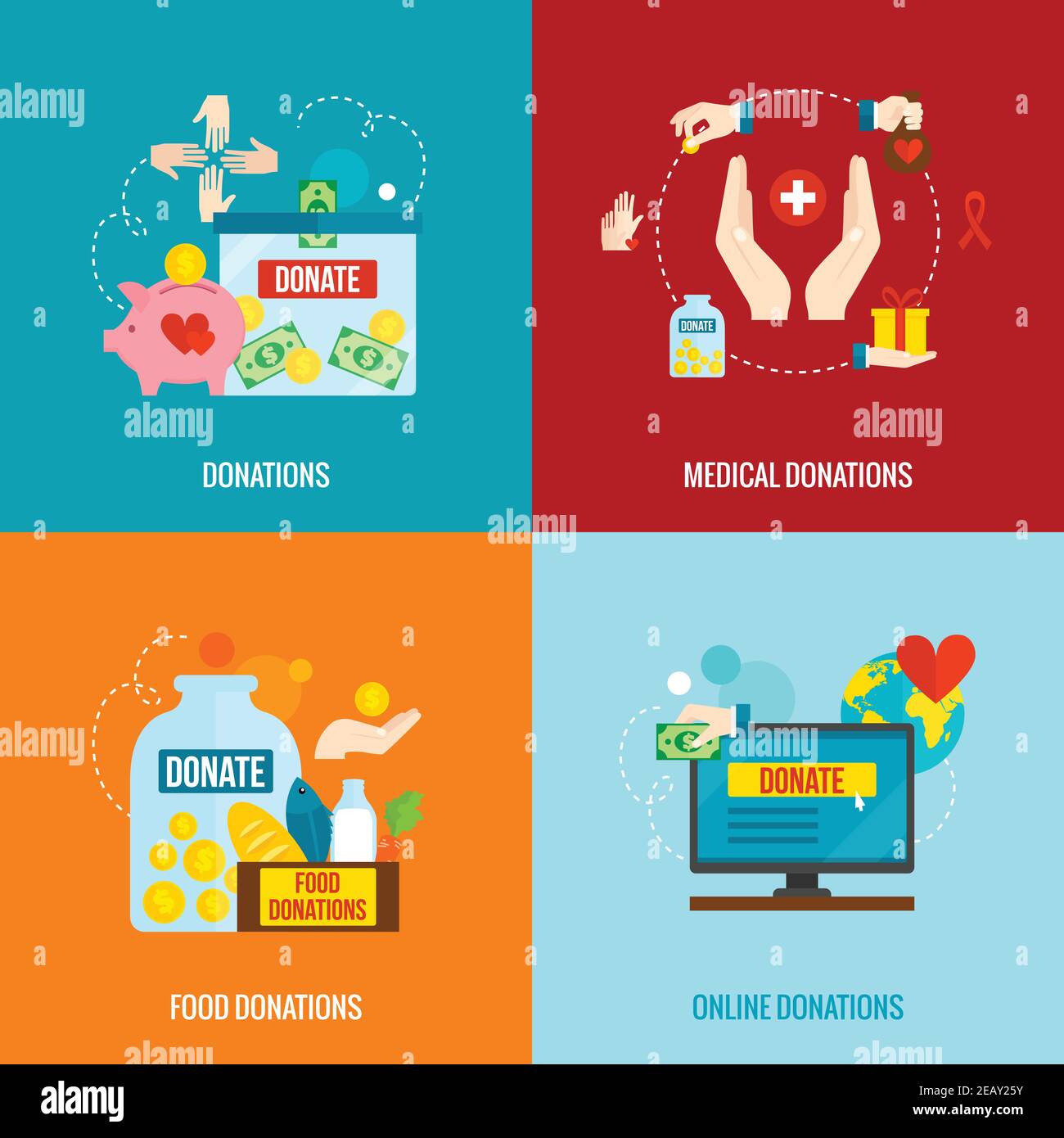 Charity design concept set with food and medical donations flat icons ...