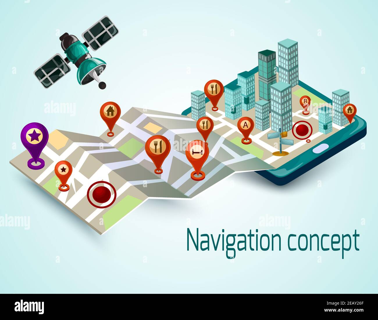 Navigation concept with cartoon mobile phone and isometric map with ...