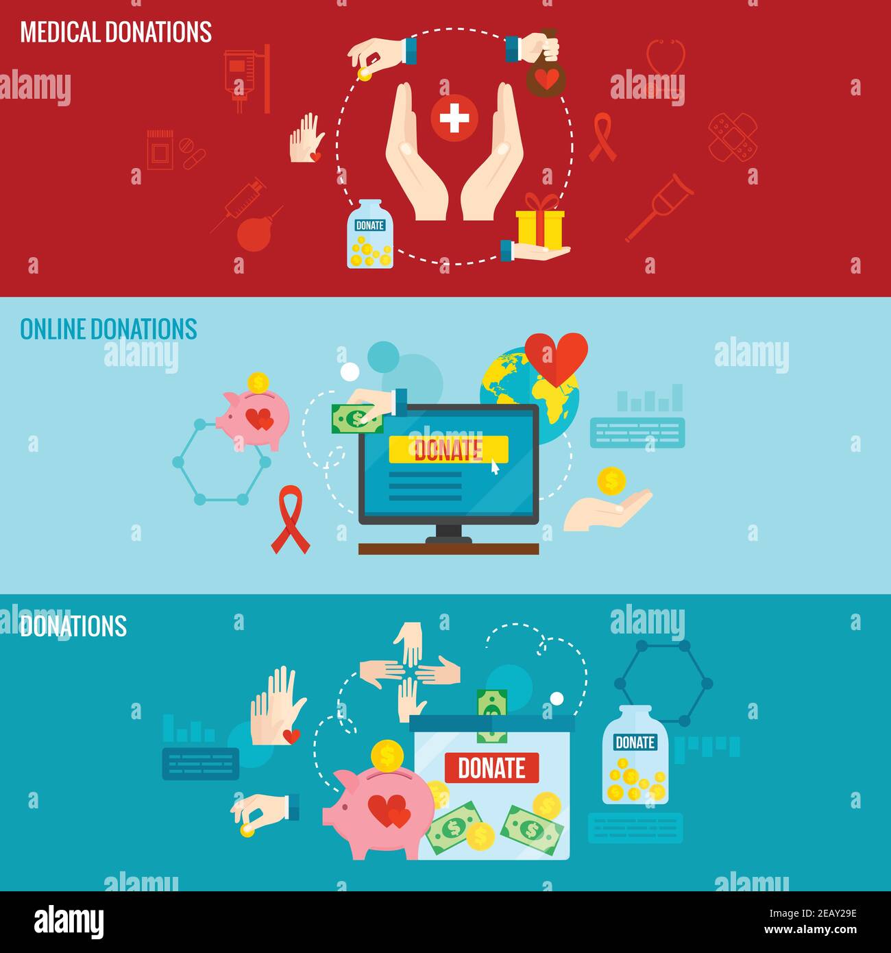 Charity horizontal banner set with online medical donations elements ...