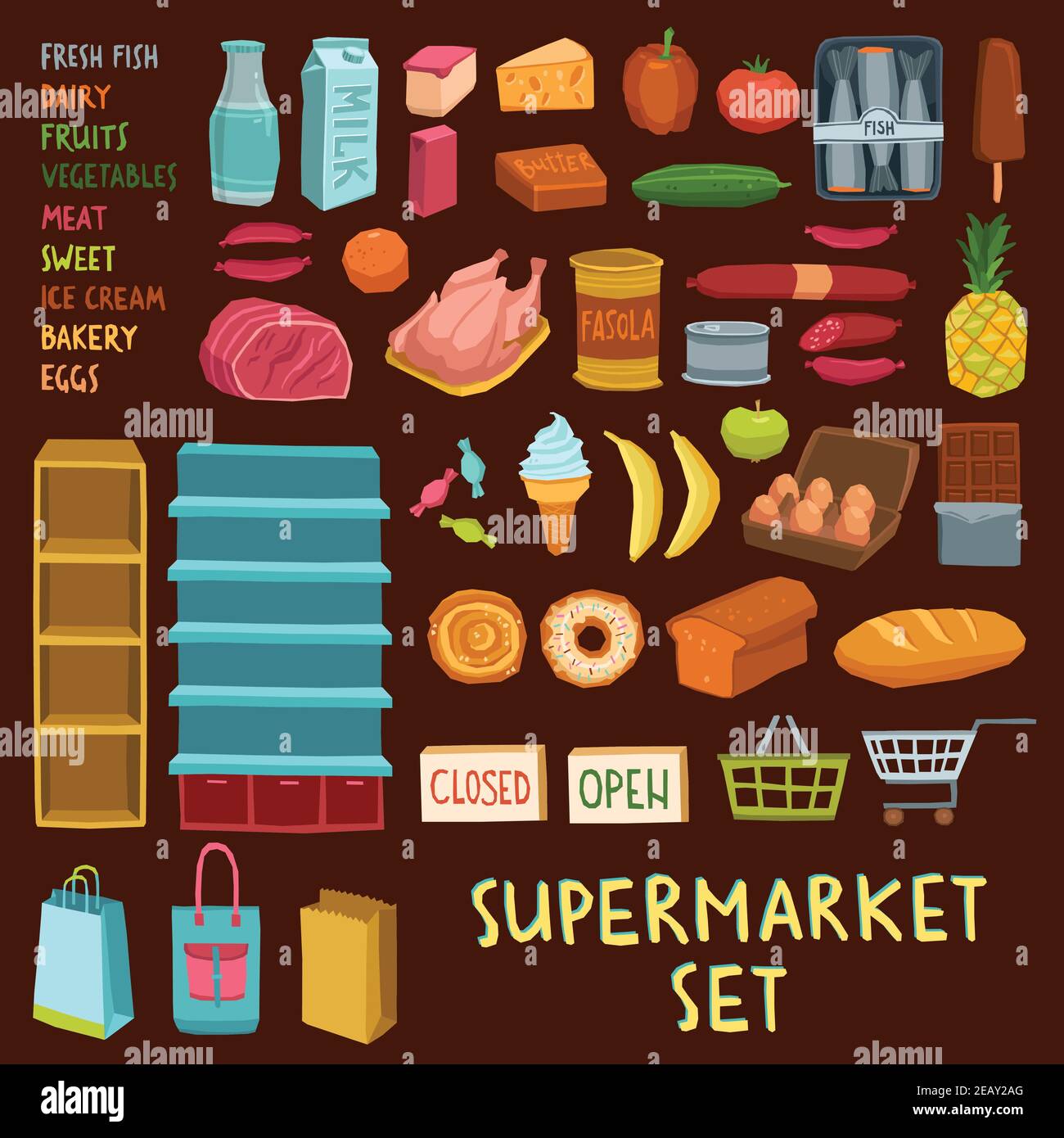 Supermarket icon set with fish dairy meat bakery fruits vegetables ice ...