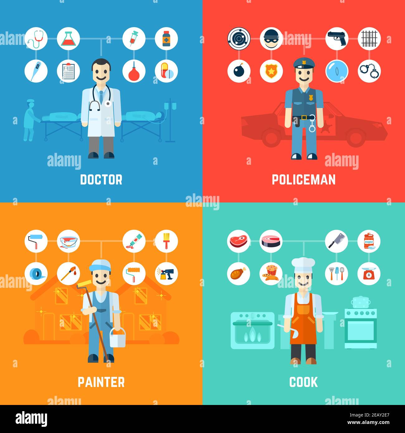 Profession design concept set with doctor policeman painter cook ...