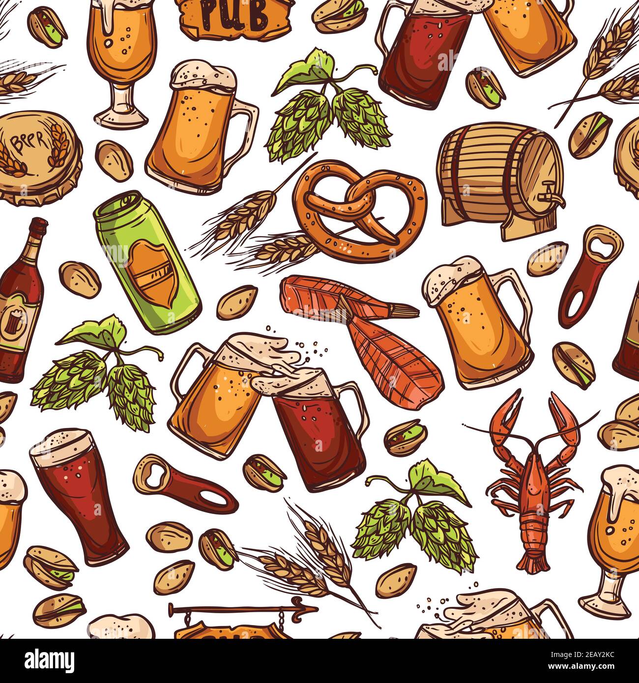 Beer seamless pattern with hand drawn drink elements vector ...
