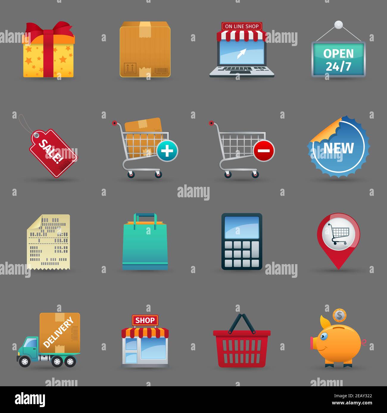 Shopping cash and online purchase and sale cartoon icons set on grey ...