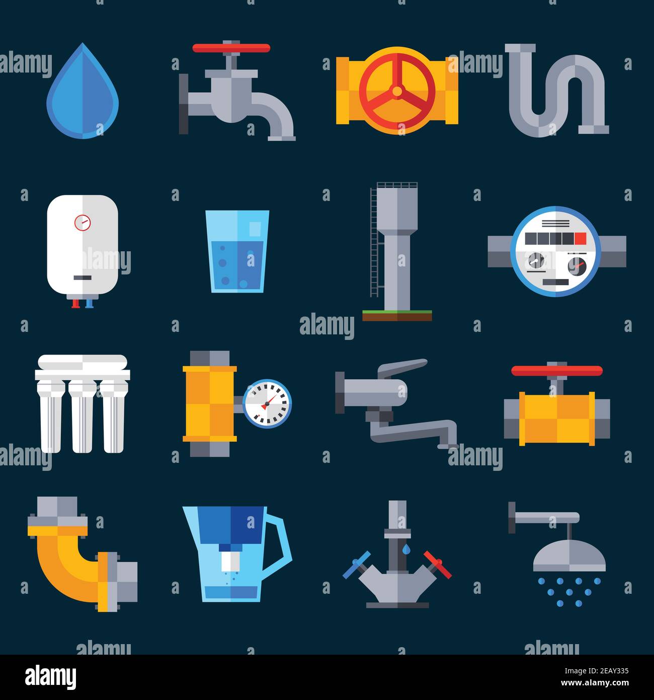 Water supply icons set with bathroom sink and shower equipment isolated ...