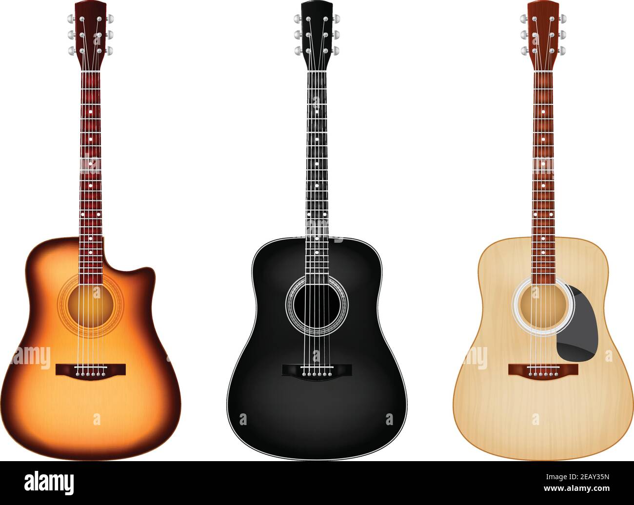 Classic six string acoustic guitar in three color schemes isolated on ...