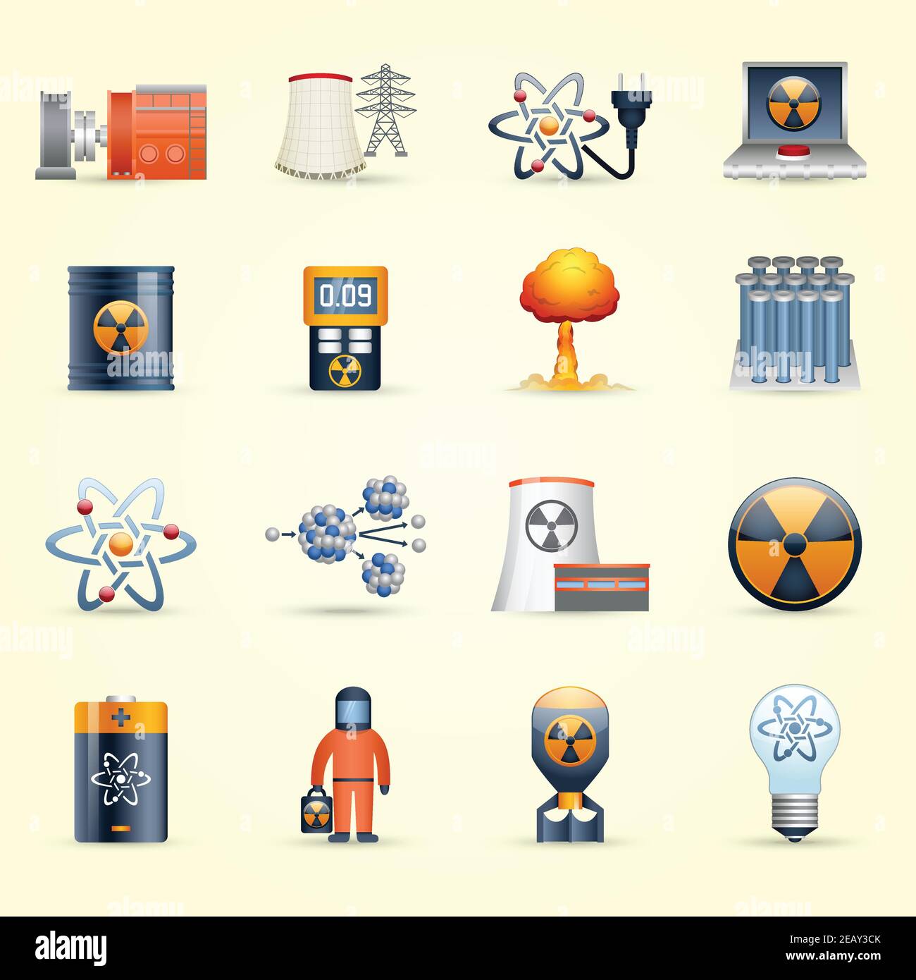 Managing radioactive waste by nuclear power production icons set on ...