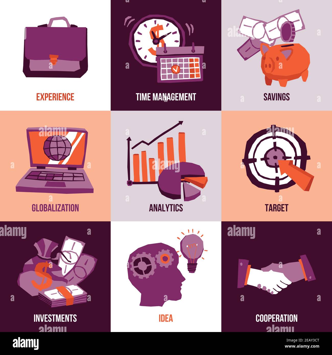 Business design concept set with savings investments cooperation icons ...
