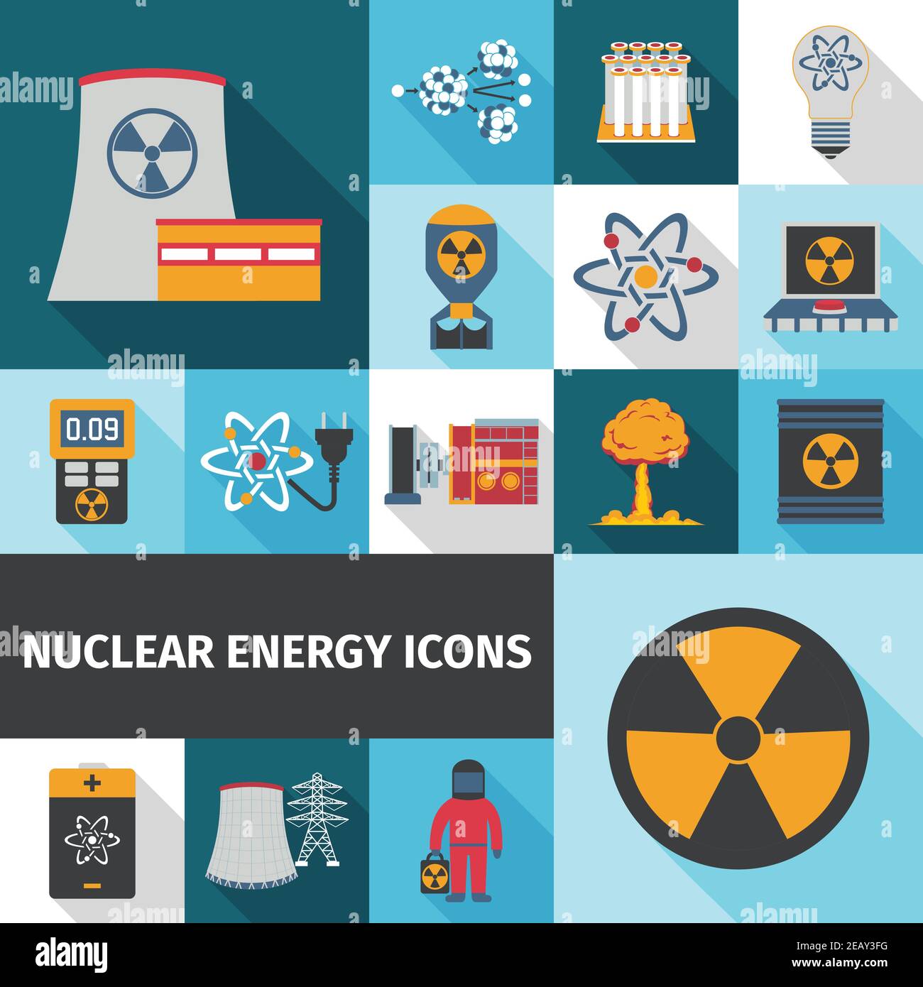 Nuclear energy contribution in global electricity supply flat icons set ...
