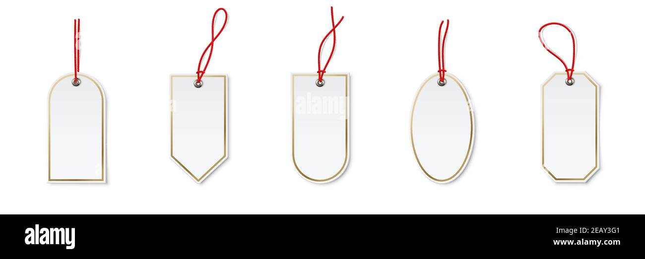 Price or label tags mockup template set. Blank cards with red strings ...
