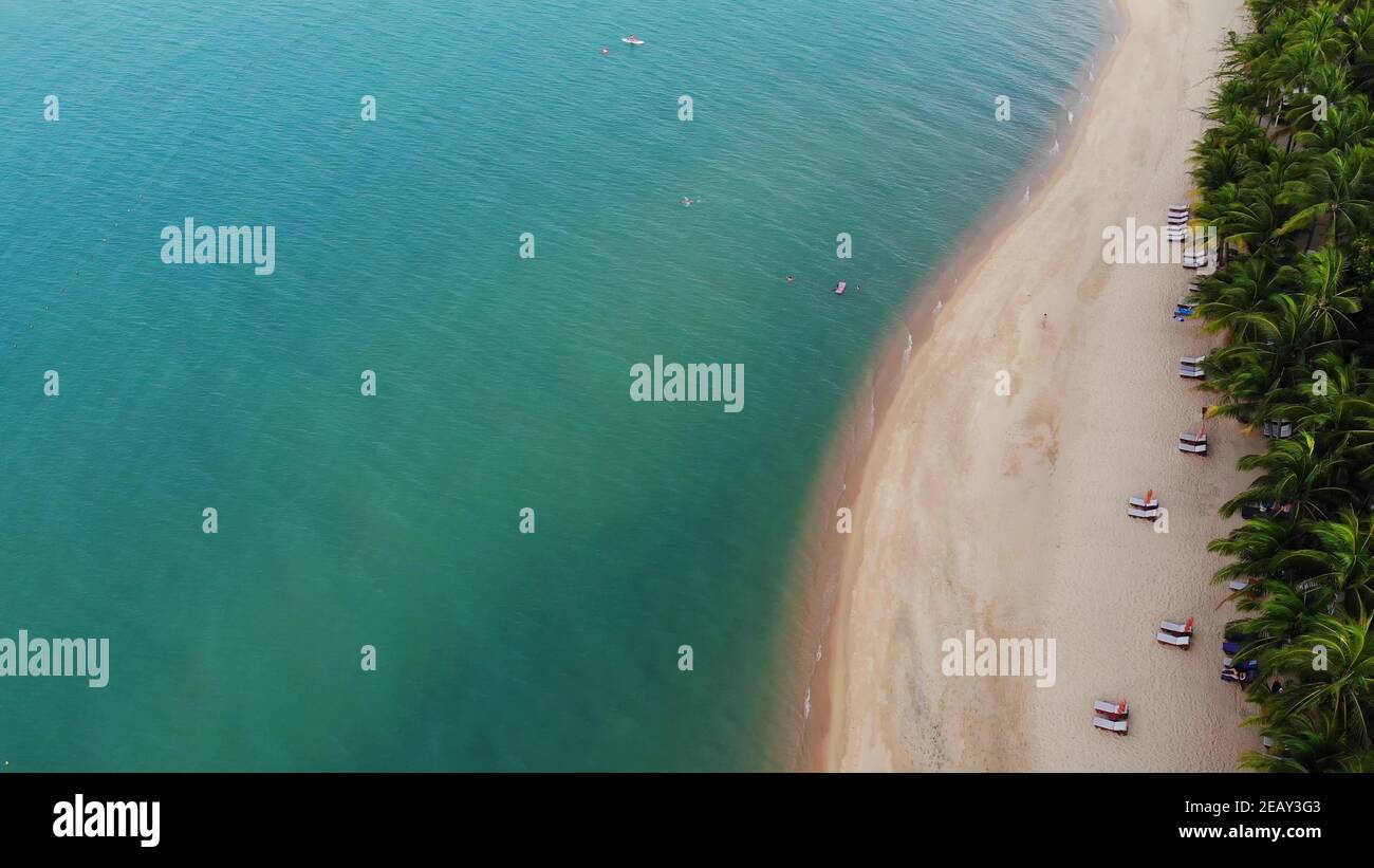 Blue lagoon and sandy beach with palms. Aerial view of blue lagoon and ...