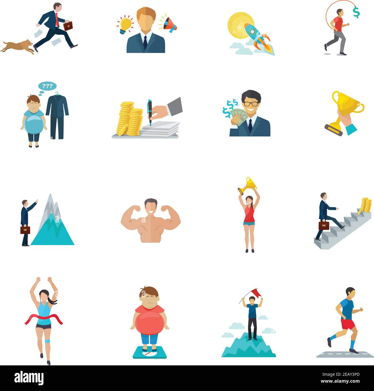 Motivation in office work and sport icons flat set isolated vector ...