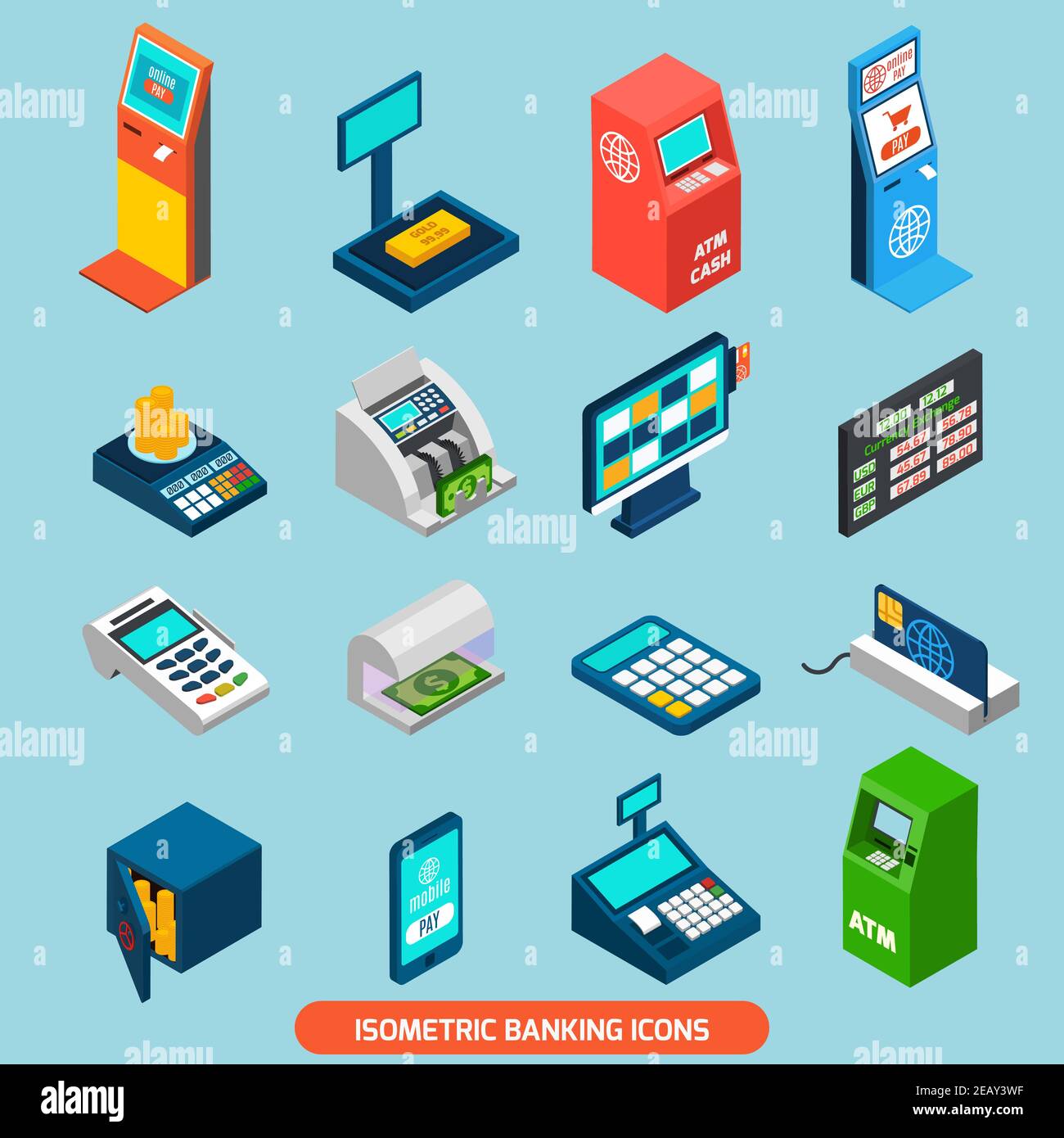 Isometric banking icons set with atm and cash machines isolated vector ...