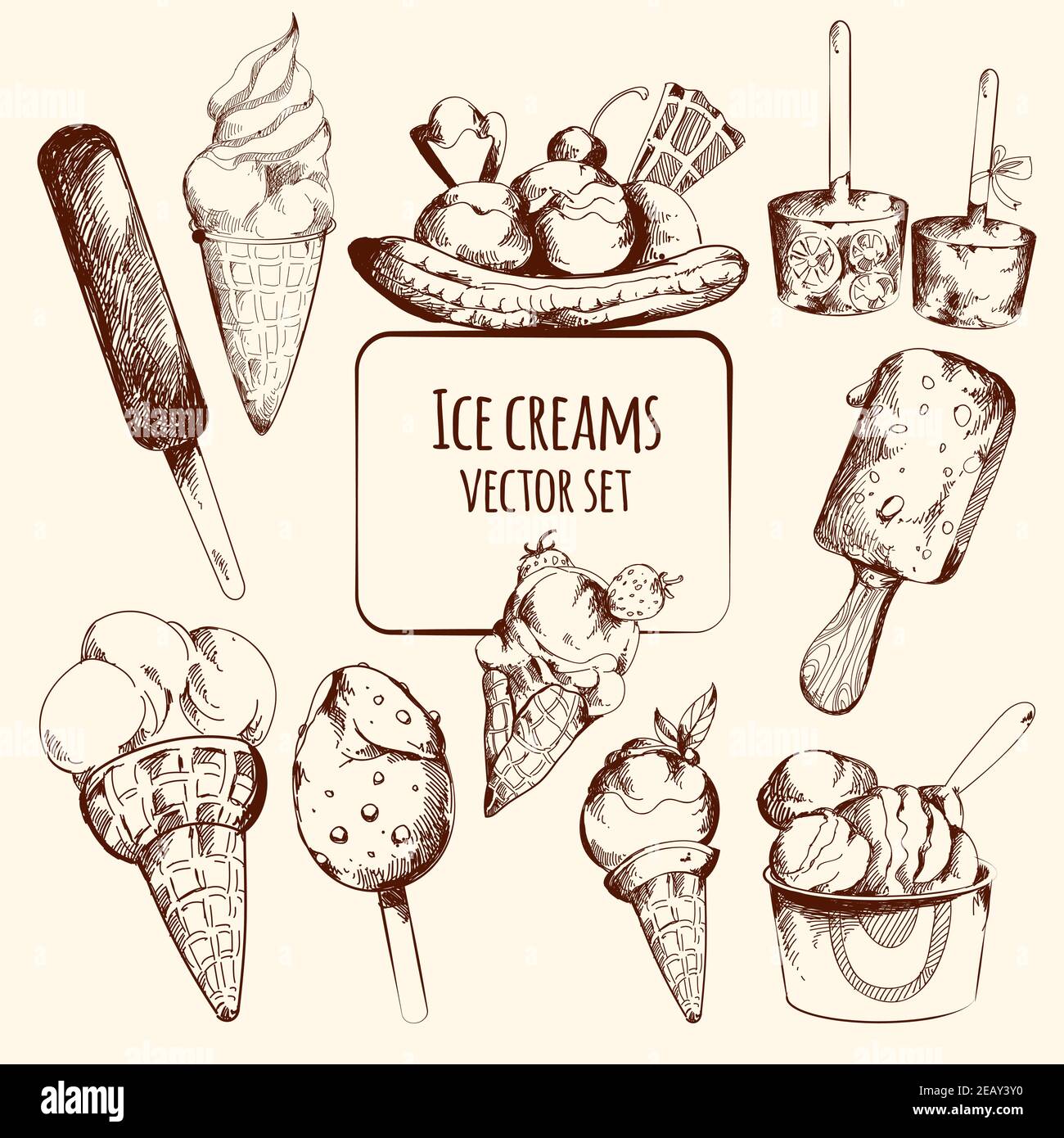 Ice cream sweet cold dessert sketch set isolated vector illustration ...