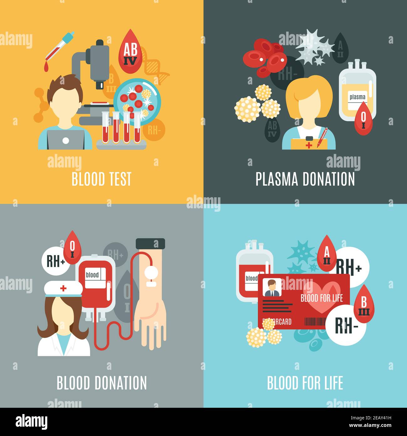 Donor design concept set with blood test plasma donation flat icons ...
