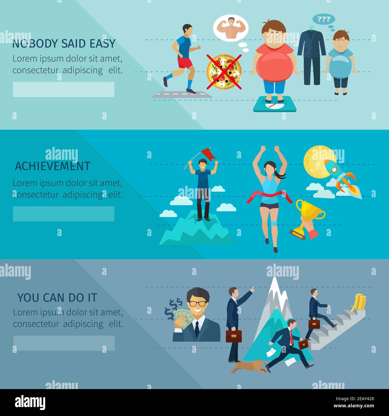 Motivation banner horizontal set with achievements and reward elements ...