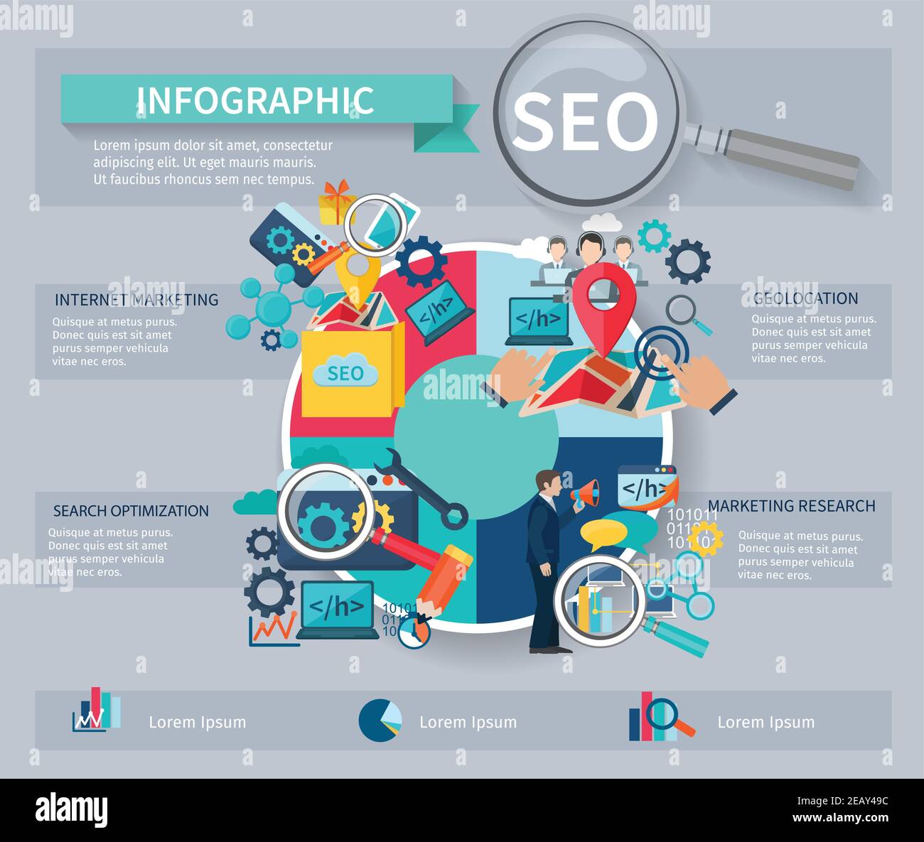 Seo marketing infographics set with internet search website search ...