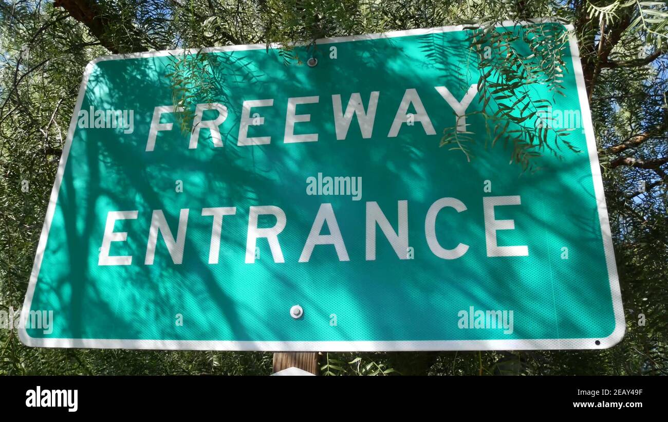 Freeway entrance sign on interchange crossraod in San Diego county ...