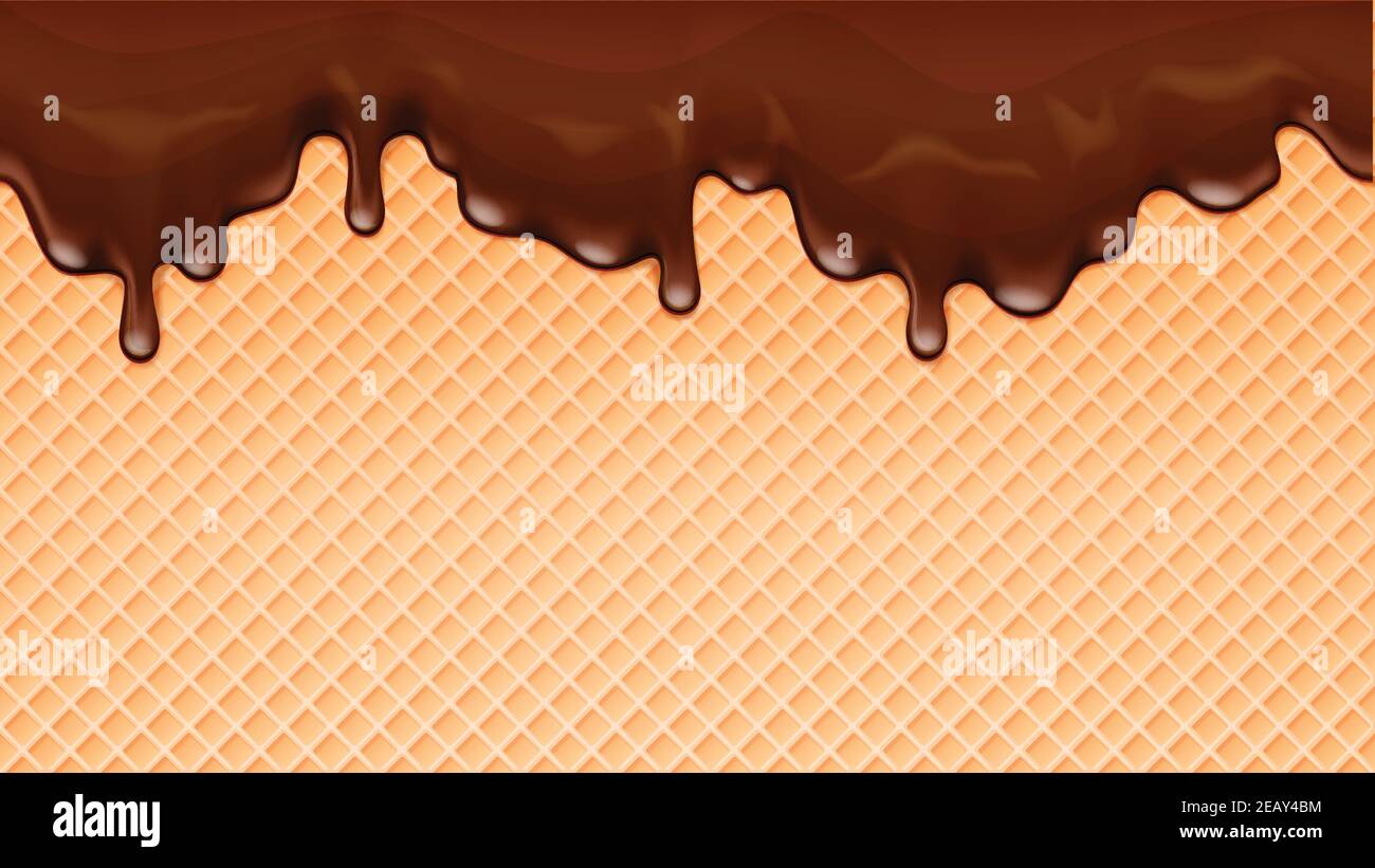 Dripping melting chocolate ice cream and wafer background. Vector ...