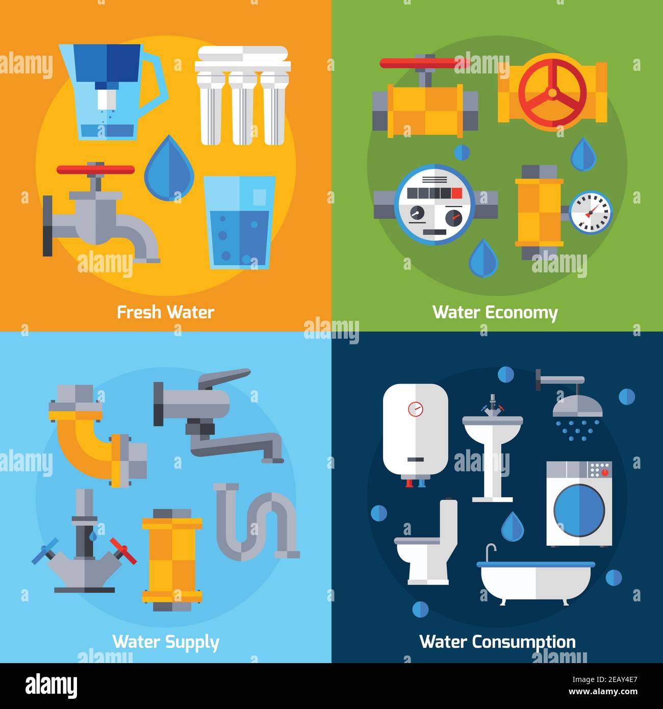 Water supply design concept set with economy and consumption flat icons ...