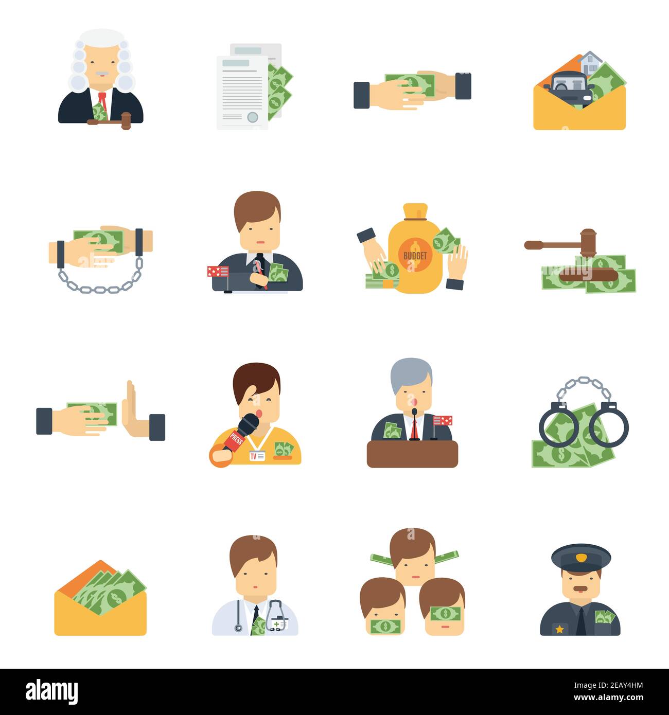 Corruption in business government and police icons flat set isolated ...
