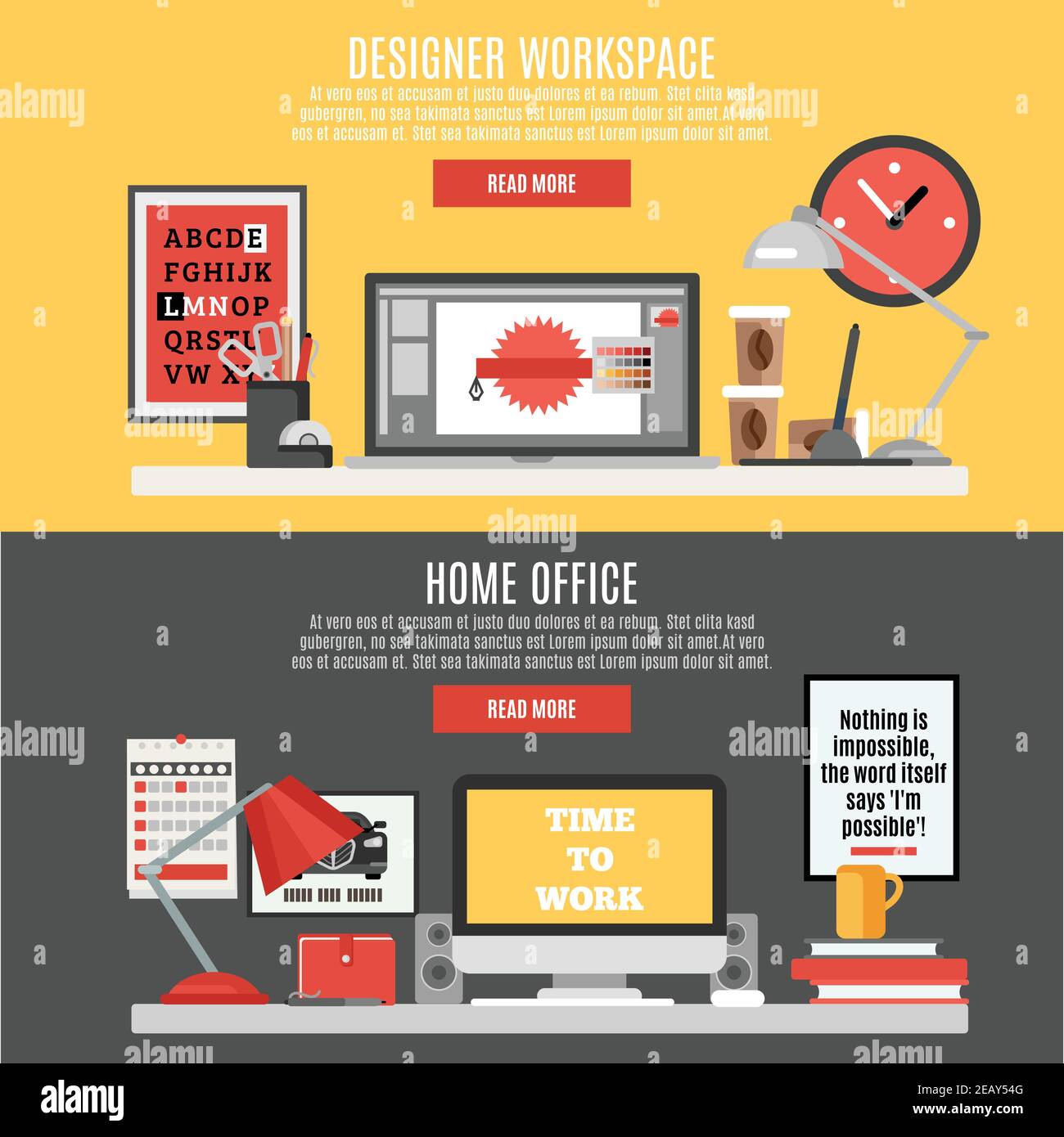 Designer workspace and home office horizontal banner set isolated ...
