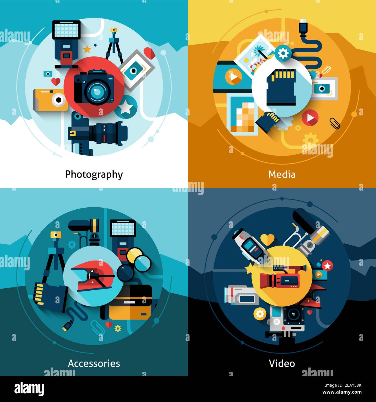 Camera design set with photography media accessories and video flat ...