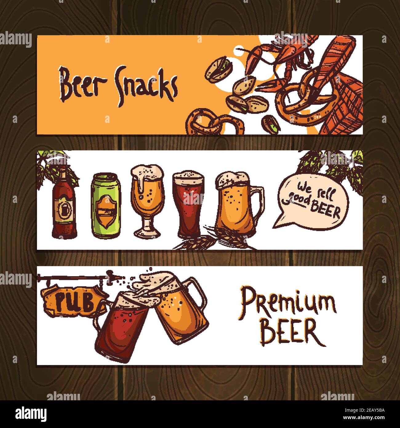 Horizontal beer banners sketch set with snacks jugs bottles and pub ...